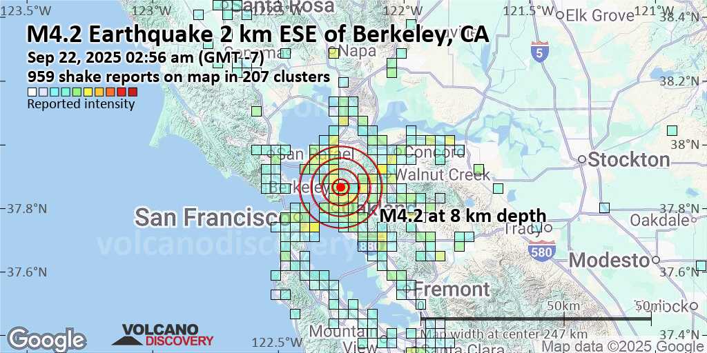 Moderate Mag. 4.2 Earthquake - 2 km ESE of Berkeley, CA, on Monday, Sep ...