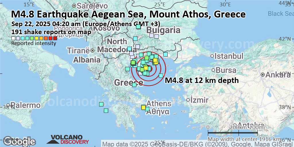 Moderate Mag. 4.8 Earthquake - Aegean Sea, Mount Athos, 65 km Southwest ...