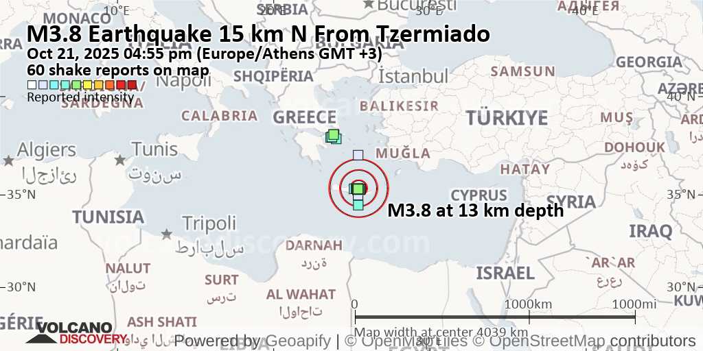 Light Mag. 3.8 Earthquake - 15 km N From Tzermiado on Tuesday, Oct 21 ...