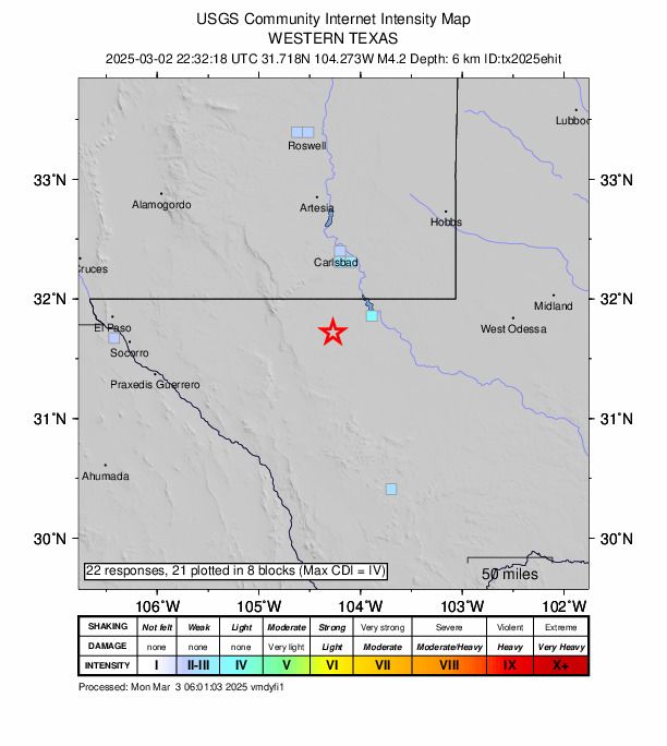 Moderate Mag. 4.2 Earthquake - Culberson County, Texas, 49 mi South of ...