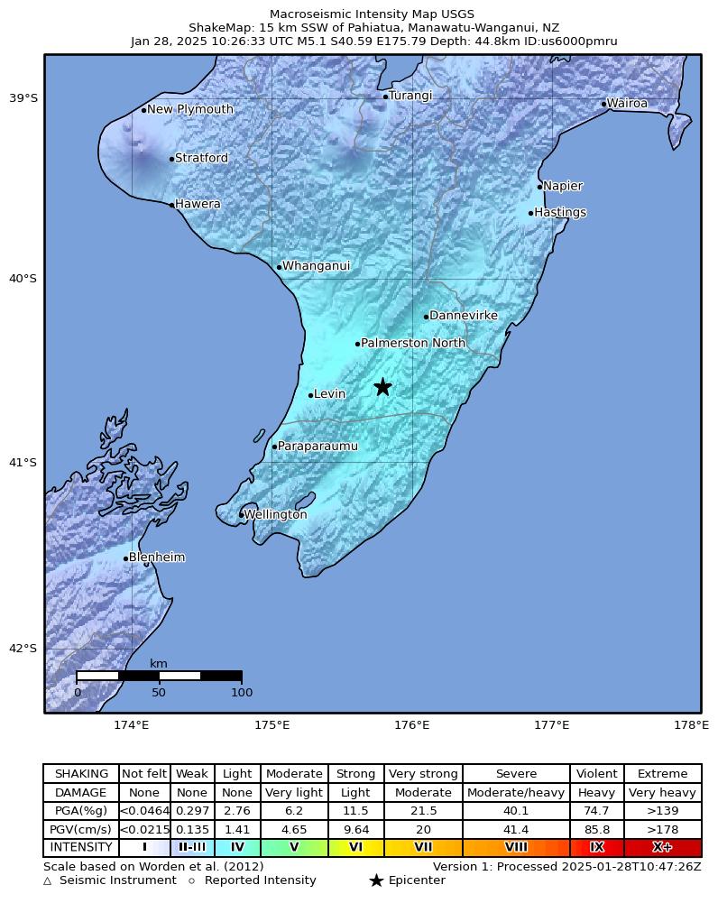 Strong Mag. 5.3 Earthquake - 36 km Southeast of Palmerston North ...