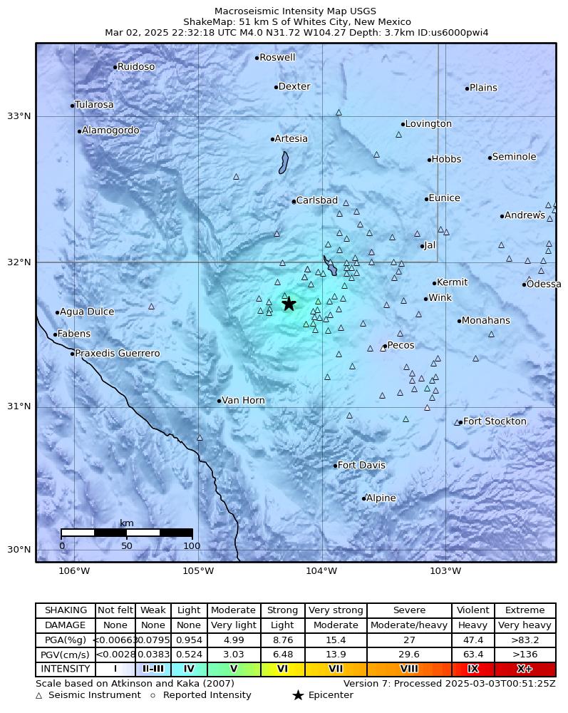 Moderate Mag. 4.2 Earthquake - Culberson County, Texas, 49 mi South of ...