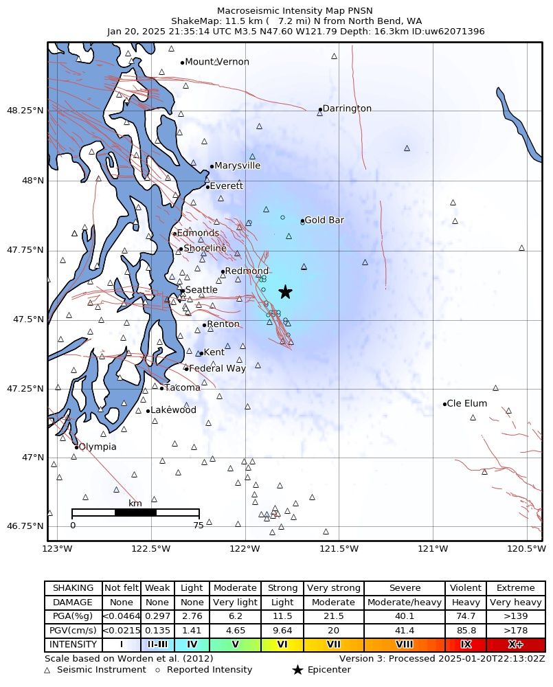 Light Mag. 3.5 Earthquake - 9 km NE of Snoqualmie, Washington, on ...