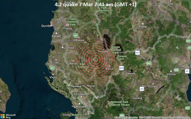 Leichtes Beben der Stärke 4.2 nordwestlich von Korça (Rrethi i Korçës ...