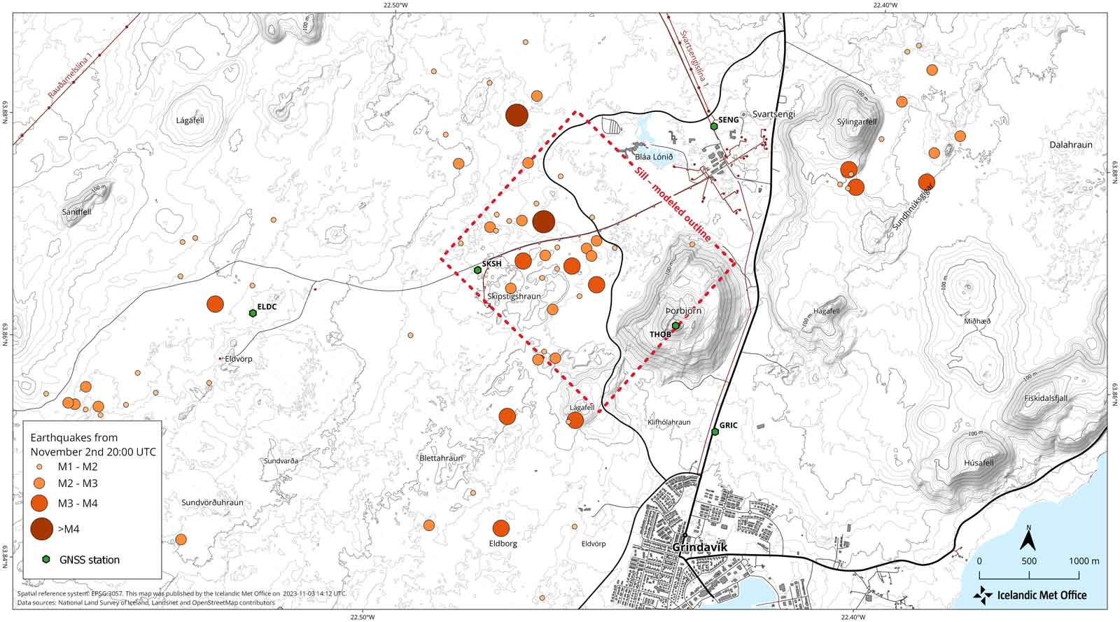 Reykjanes volcano update: Map of approximate location of magma intrusion