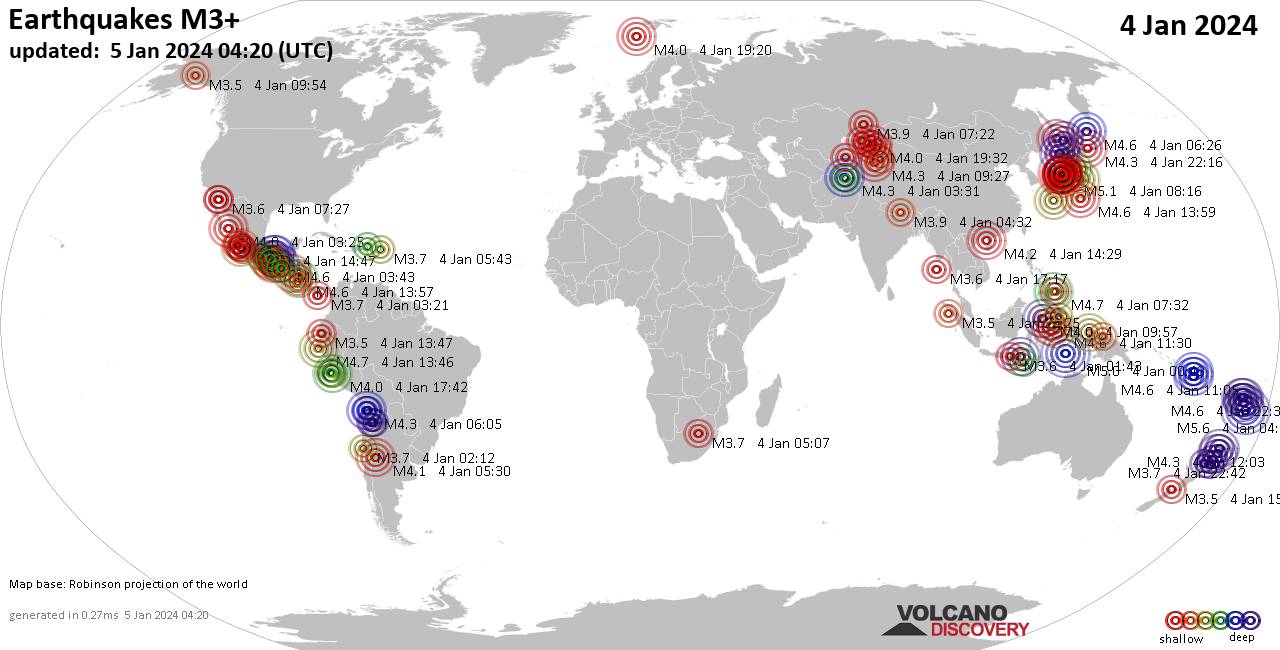 World Earthquake Report for Thursday, 4 January 2024 | VolcanoDiscovery