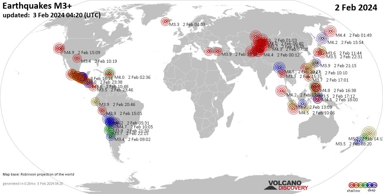 World Earthquake Report for Friday, 2 February 2024 | VolcanoDiscovery