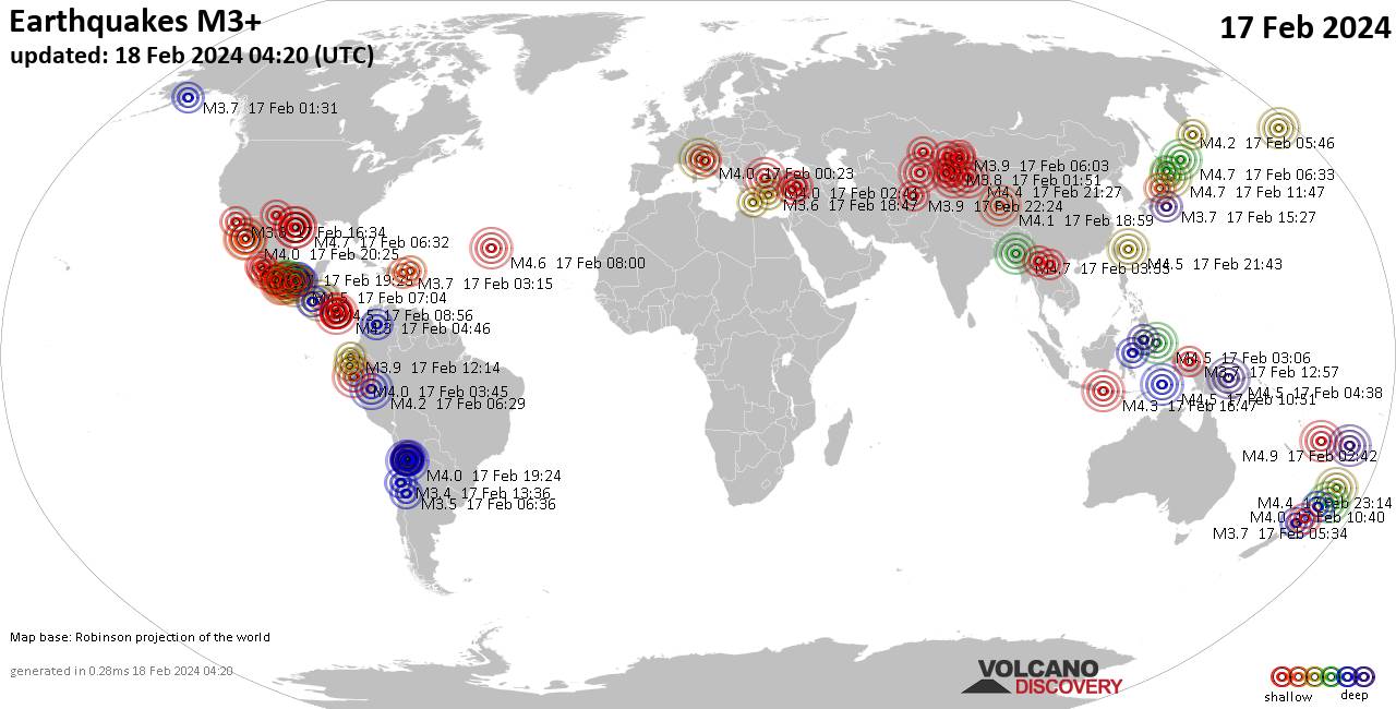 World Earthquake Report for Saturday, 17 February 2024 | VolcanoDiscovery