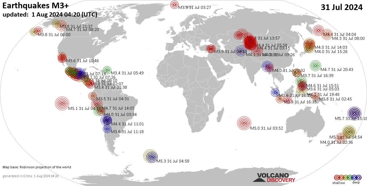 World Earthquake Report for Wednesday, 31 July 2024 | VolcanoDiscovery
