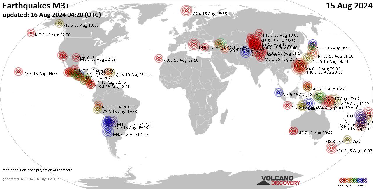 World Earthquake Report for Thursday, 15 August 2024 | VolcanoDiscovery