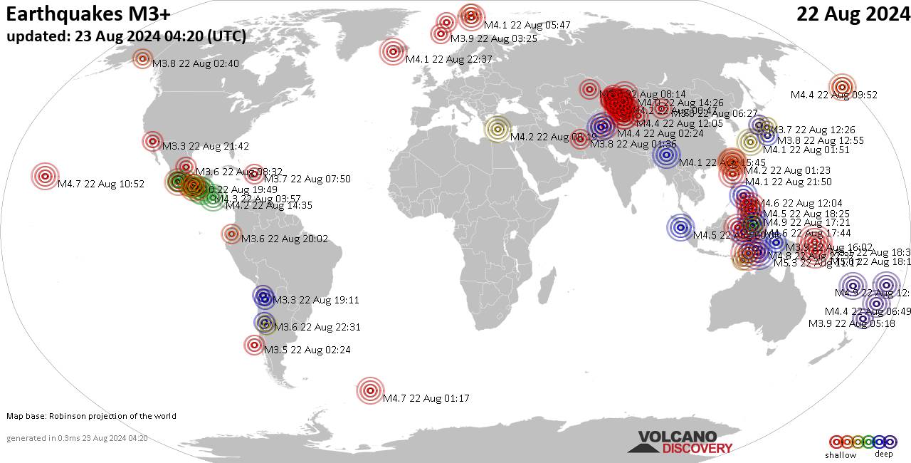 World Earthquake Report for Thursday, 22 August 2024 | VolcanoDiscovery