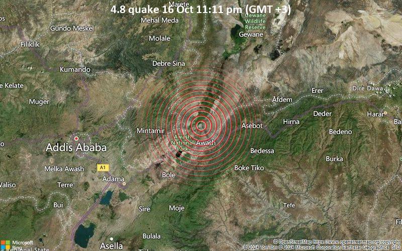 Moderate Magnitude 4.8 Earthquake 38 km Northeast of Metehara, Ethiopia