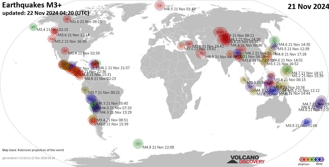 World Earthquake Report for Thursday, 21 November 2024 | VolcanoDiscovery