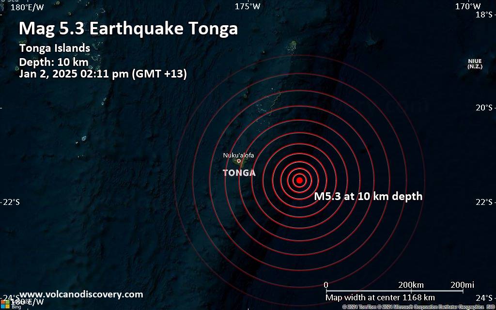 Significant Magnitude 5.3 Quake Hits 118 km East of ‘Ohonua, Tonga ...