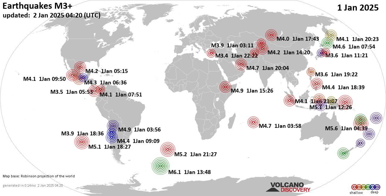 World Earthquake Report for Wednesday, 1 January 2025 | VolcanoDiscovery