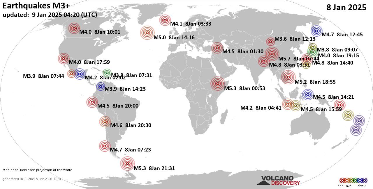 World Earthquake Report for Wednesday, 8 January 2025 | VolcanoDiscovery