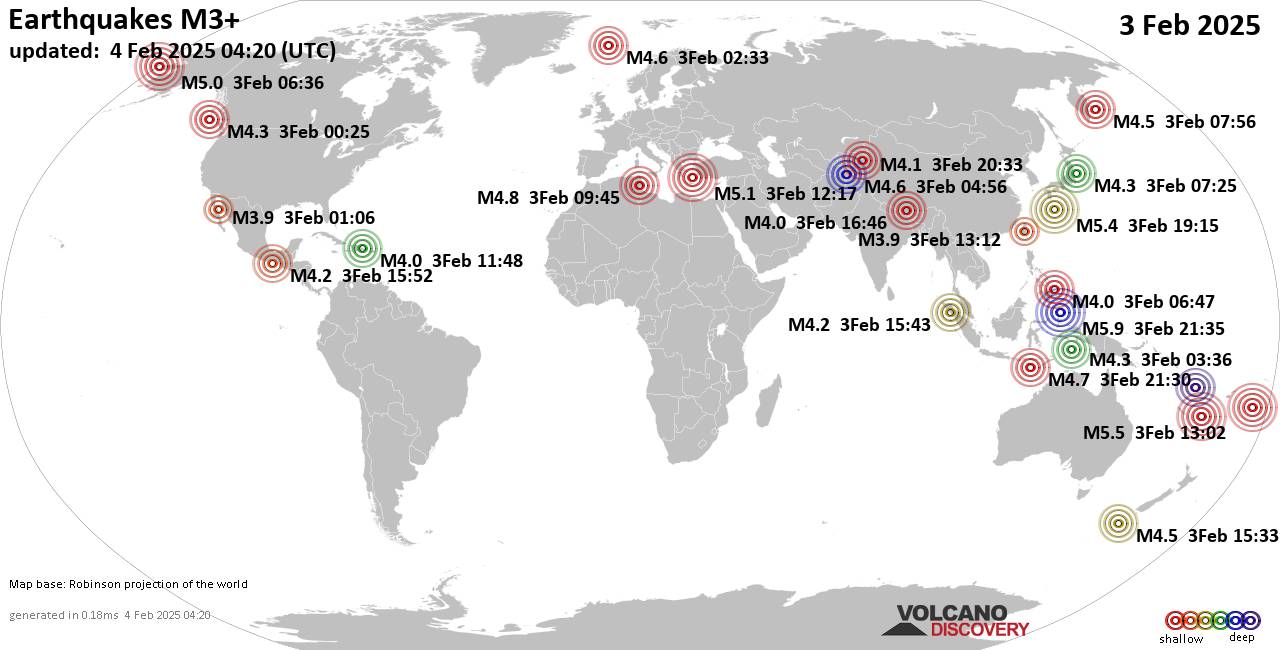 World Earthquake Report for Monday, 3 February 2025 | VolcanoDiscovery