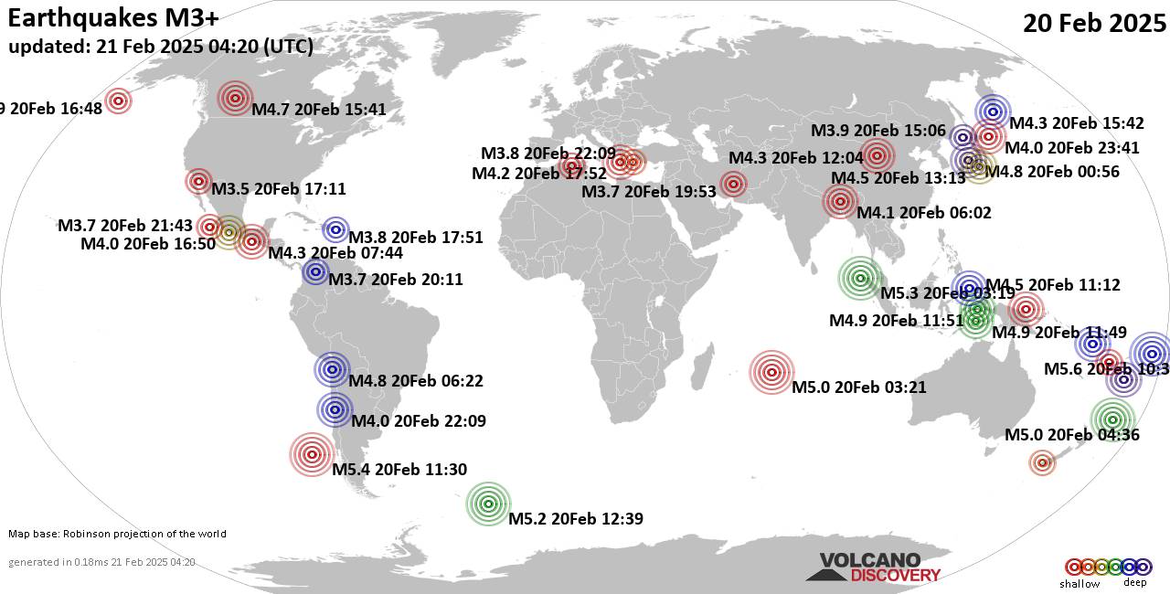World Earthquake Report for Thursday, 20 February 2025 | VolcanoDiscovery