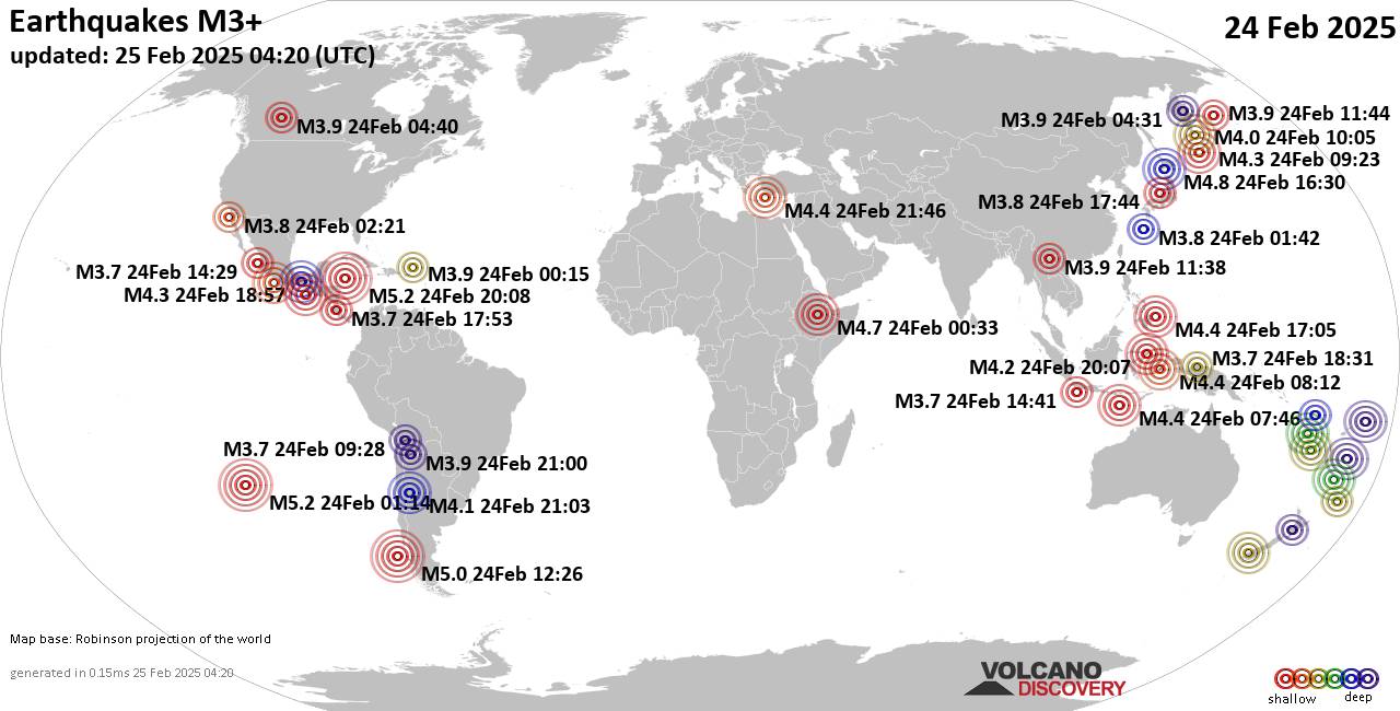 World Earthquake Report for Monday, 24 February 2025 | VolcanoDiscovery