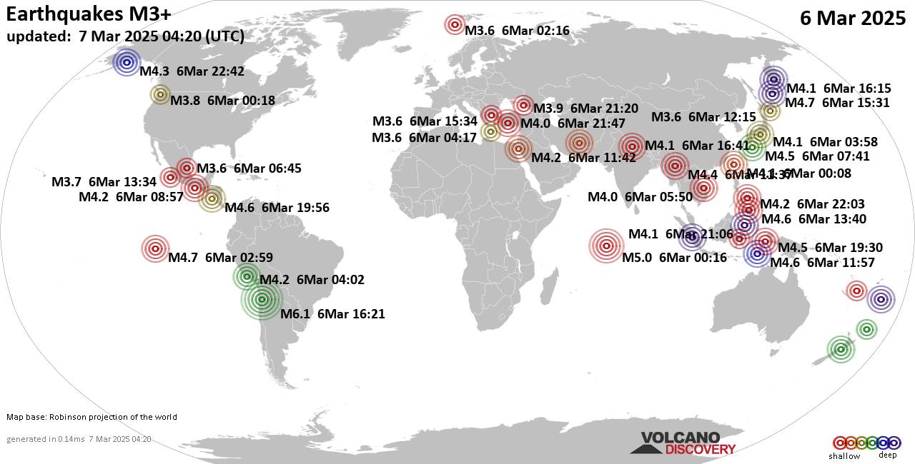 World Earthquake Report for Thursday, 6 March 2025 | VolcanoDiscovery