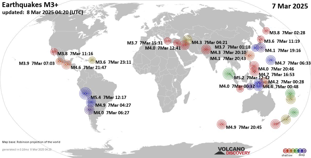 World Earthquake Report for Friday, 7 March 2025 | VolcanoDiscovery