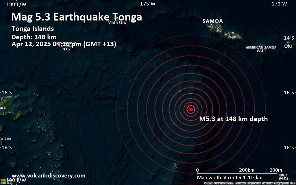 Strong Mag. 5.3 Earthquake - South Pacific Ocean, 369 km North of Tofua ...