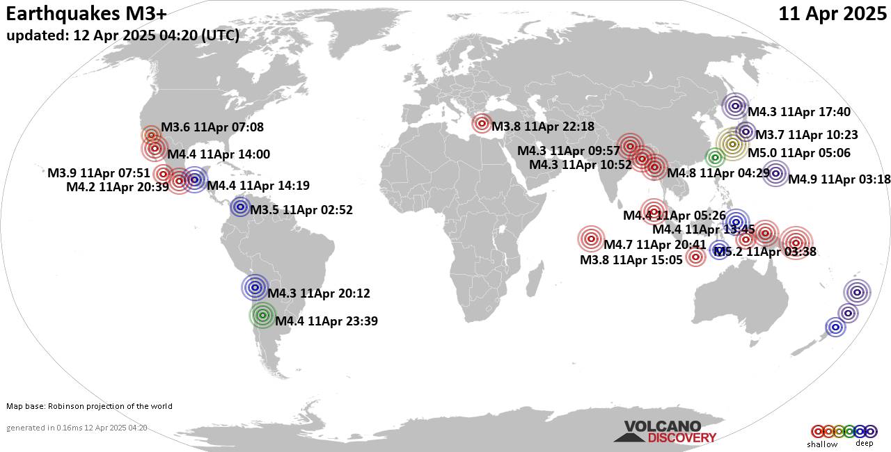 World Earthquake Report for Friday, 11 April 2025 | VolcanoDiscovery