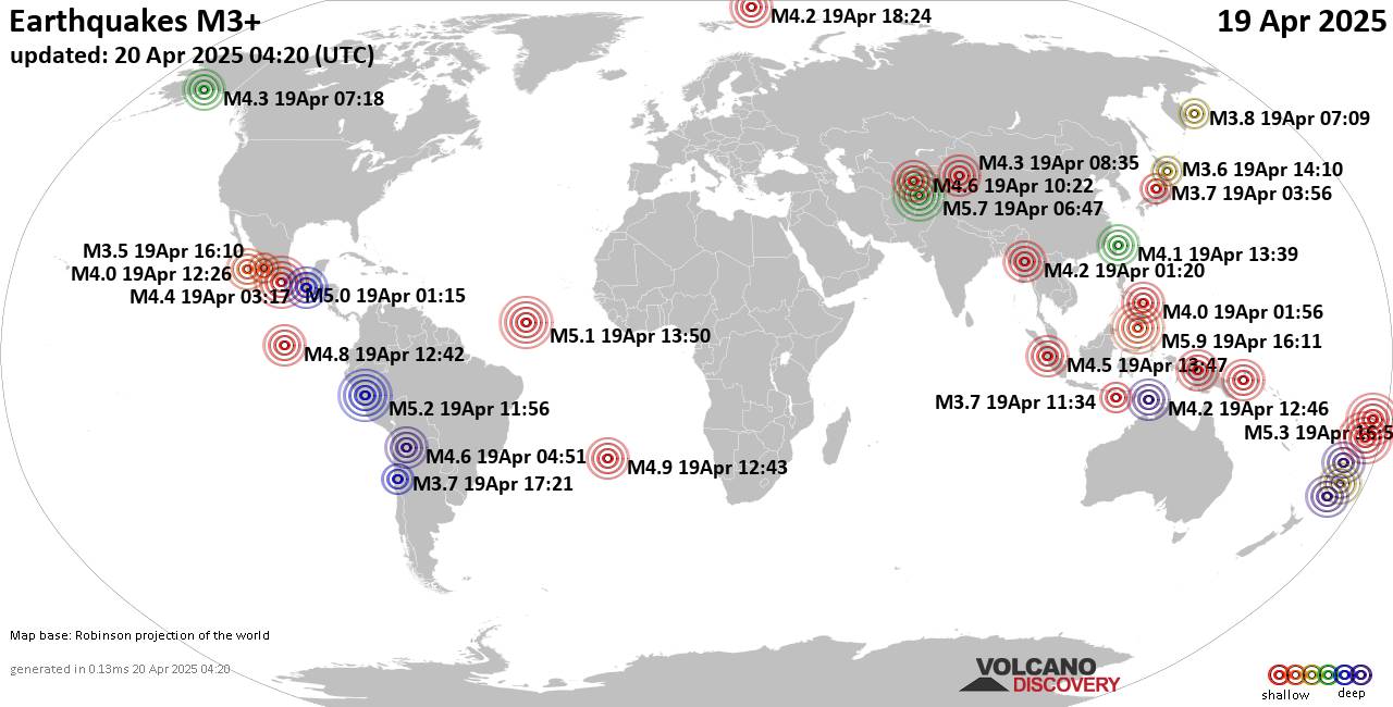 World Earthquake Report for Saturday, 19 April 2025 | VolcanoDiscovery