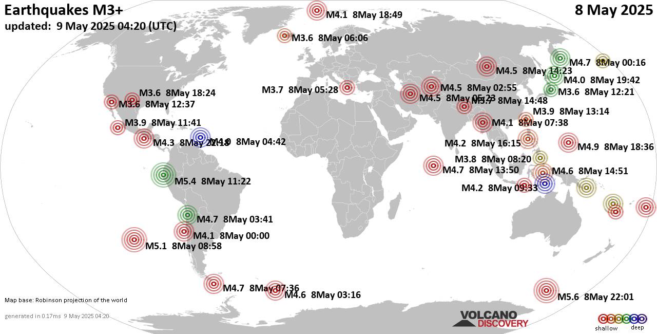 World Earthquake Report for Thursday, 8 May 2025 | VolcanoDiscovery