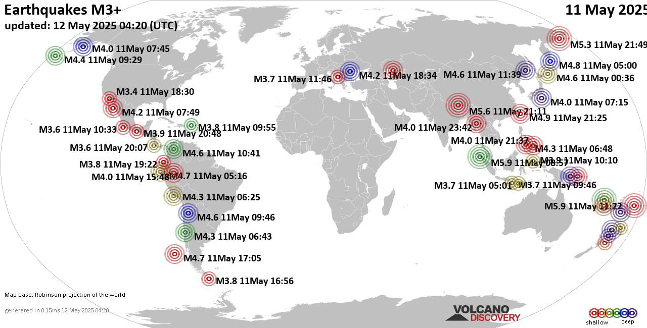 World Earthquake Report for Sunday, 11 May 2025 | VolcanoDiscovery