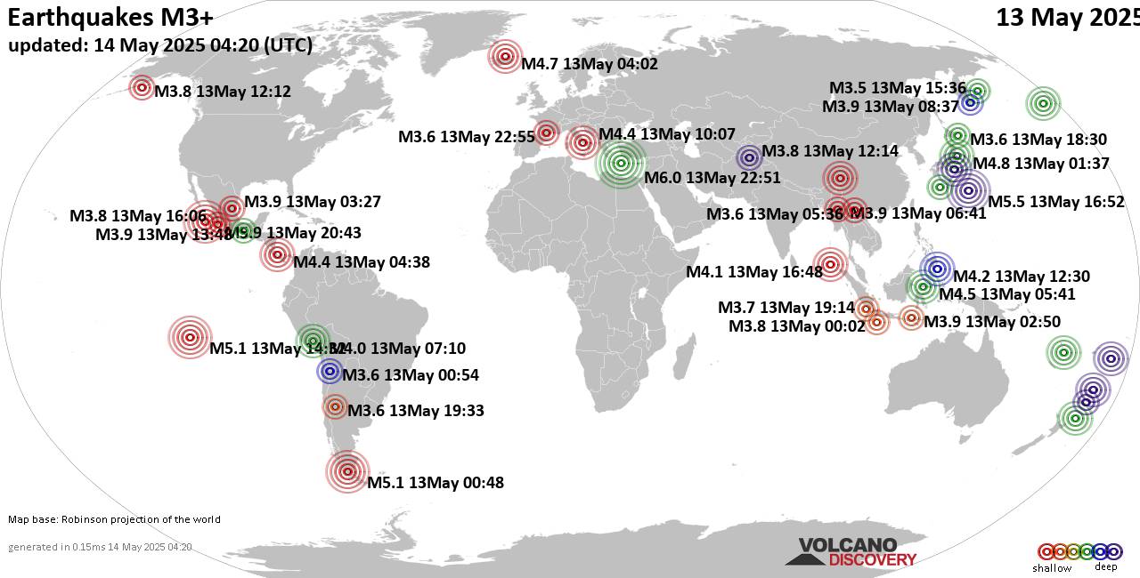 World Earthquake Report for Tuesday, 13 May 2025 | VolcanoDiscovery