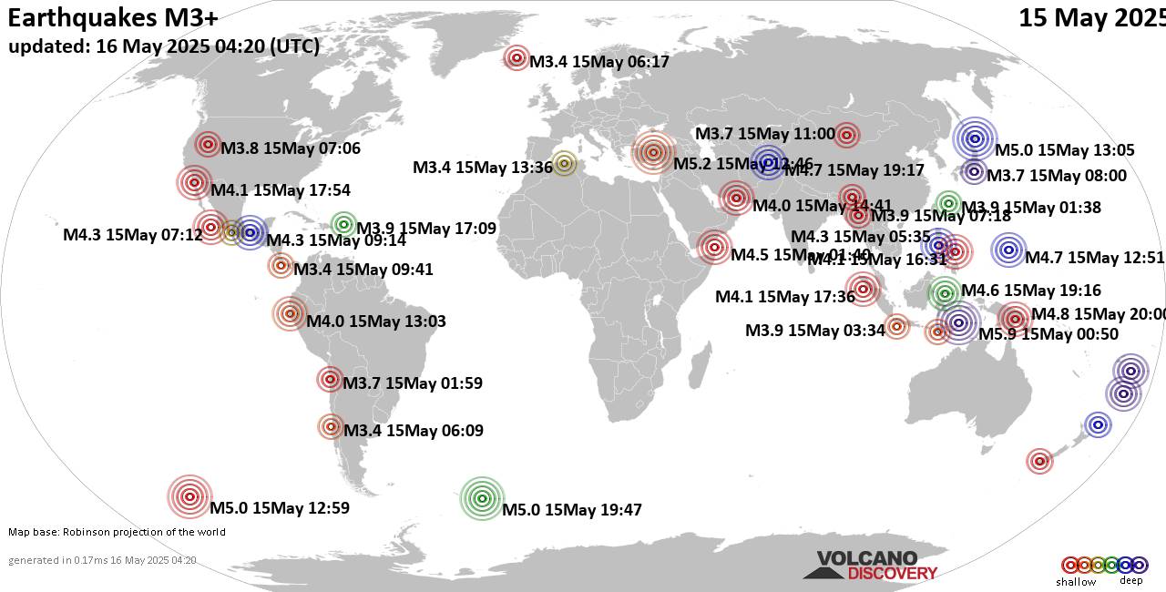 World Earthquake Report for Thursday, 15 May 2025 | VolcanoDiscovery