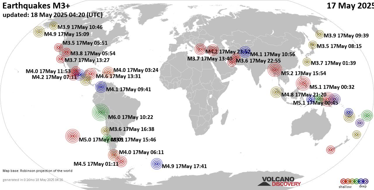World Earthquake Report for Saturday, 17 May 2025 | VolcanoDiscovery