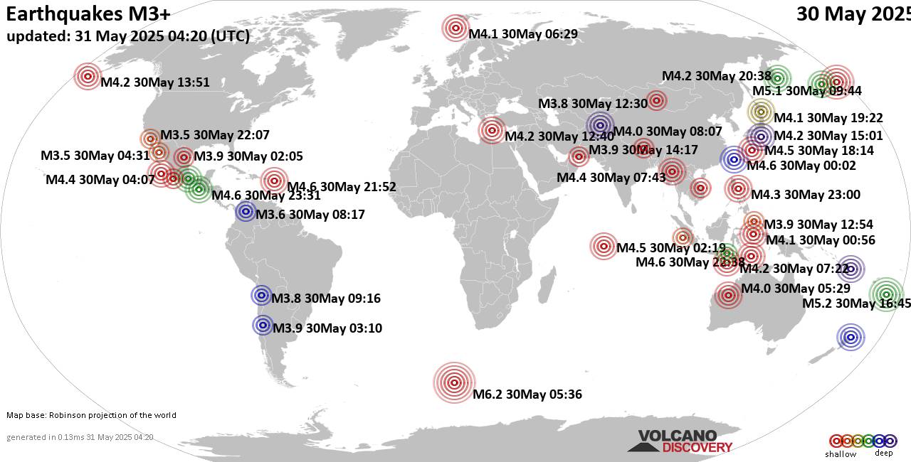 World Earthquake Report for Friday, 30 May 2025 | VolcanoDiscovery
