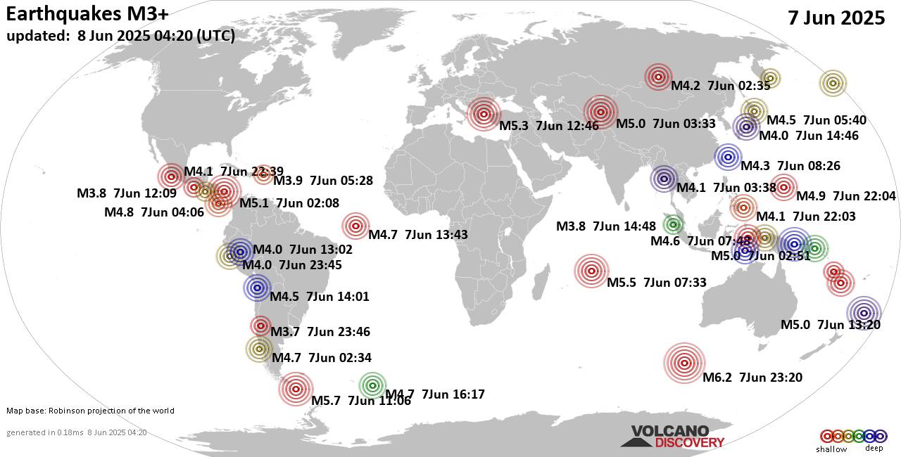World Earthquake Report for Saturday, 7 June 2025 | VolcanoDiscovery