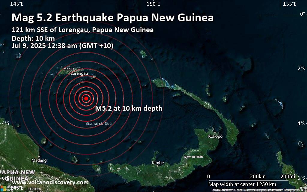 Strong Mag. 5.2 Earthquake - 120 km S of Lorengau, Papua New Guinea, on ...