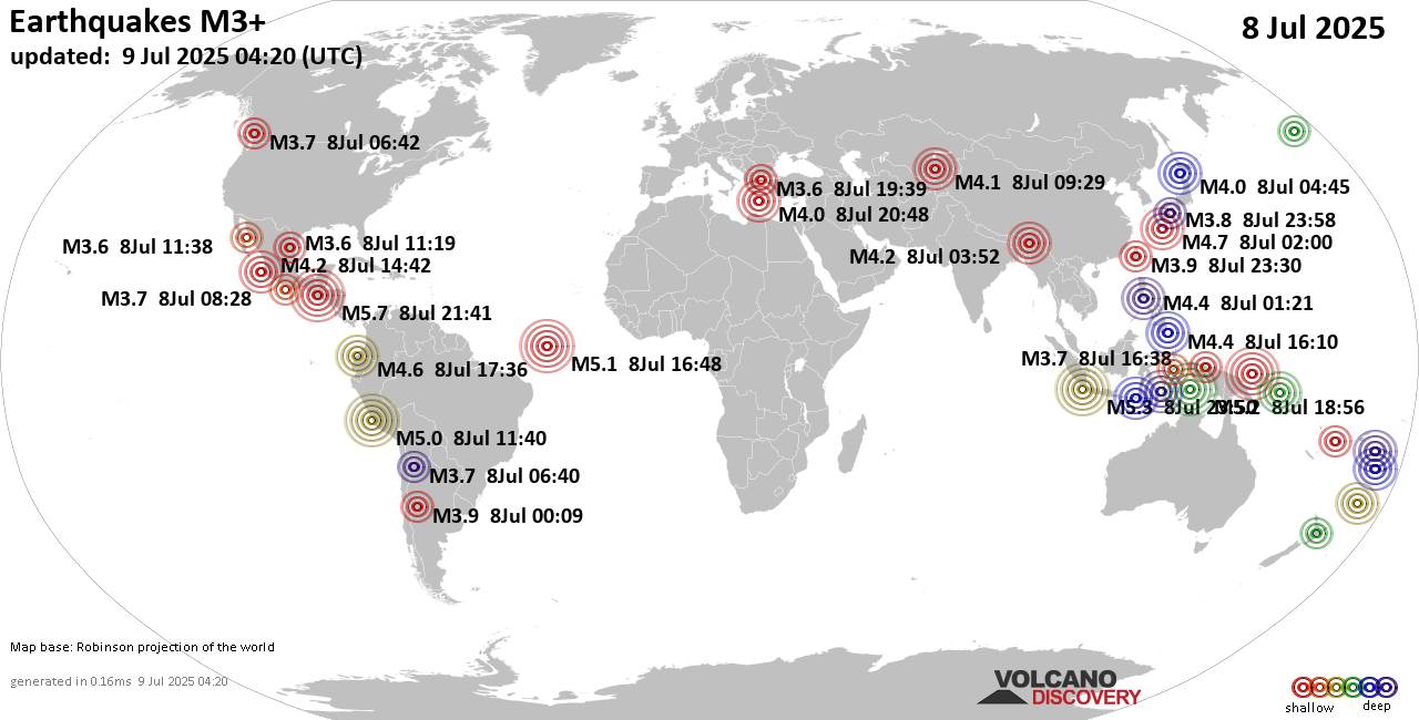 World Earthquake Report for Tuesday, 8 July 2025 | VolcanoDiscovery