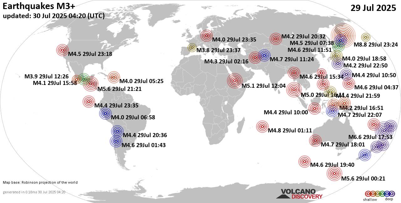 World Earthquake Report for Tuesday, 29 July 2025 | VolcanoDiscovery