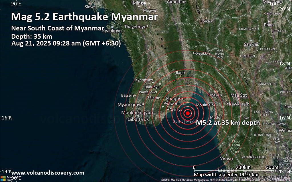 Significant Magnitude 5.2 Earthquake 86 km Southeast of Yangon, Myanmar ...