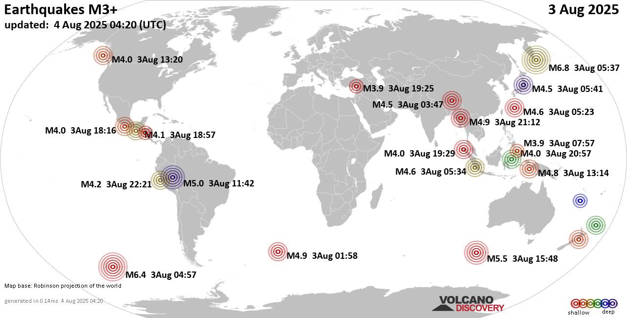 World Earthquake Report for Sunday, 3 August 2025 | VolcanoDiscovery
