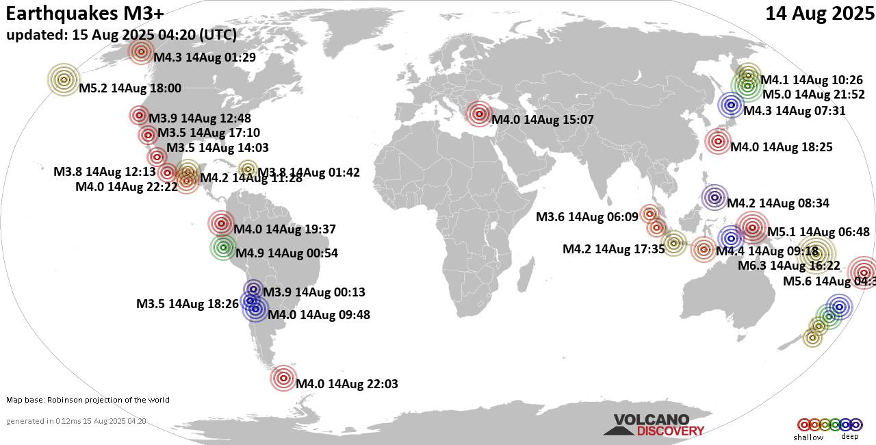 World Earthquake Report for Thursday, 14 August 2025 | VolcanoDiscovery