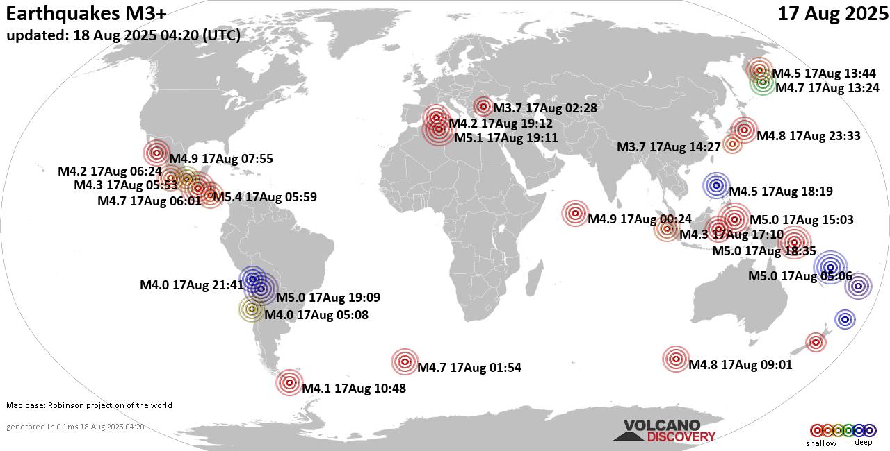 World Earthquake Report for Sunday, 17 August 2025 | VolcanoDiscovery