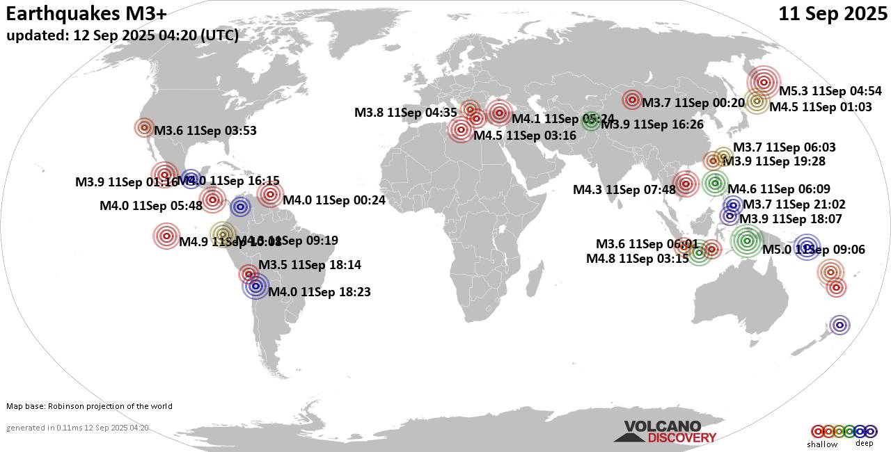 World Earthquake Report for Thursday, 11 September 2025 | VolcanoDiscovery