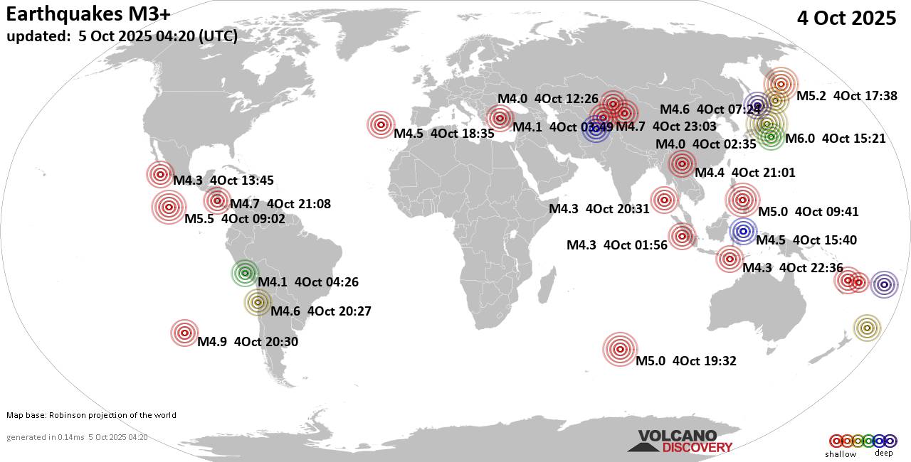 World Earthquake Report for Saturday, 4 October 2025 | VolcanoDiscovery
