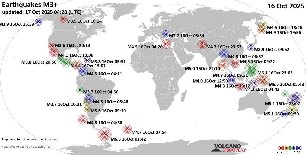 World Earthquake Report for Thursday, 16 October 2025 | VolcanoDiscovery
