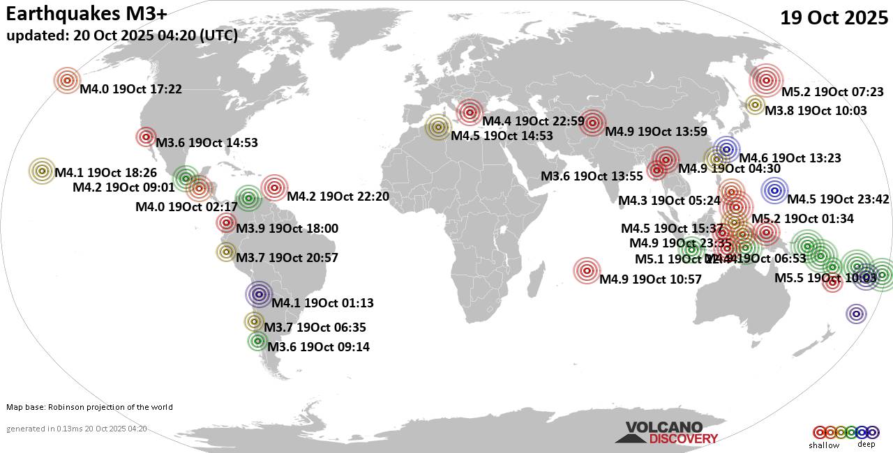 World Earthquake Report for Sunday, 19 October 2025 | VolcanoDiscovery