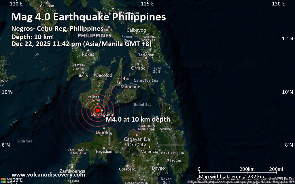 Moderate Magnitude 4.0 Earthquake 22 km West of Dumaguete, Philippines