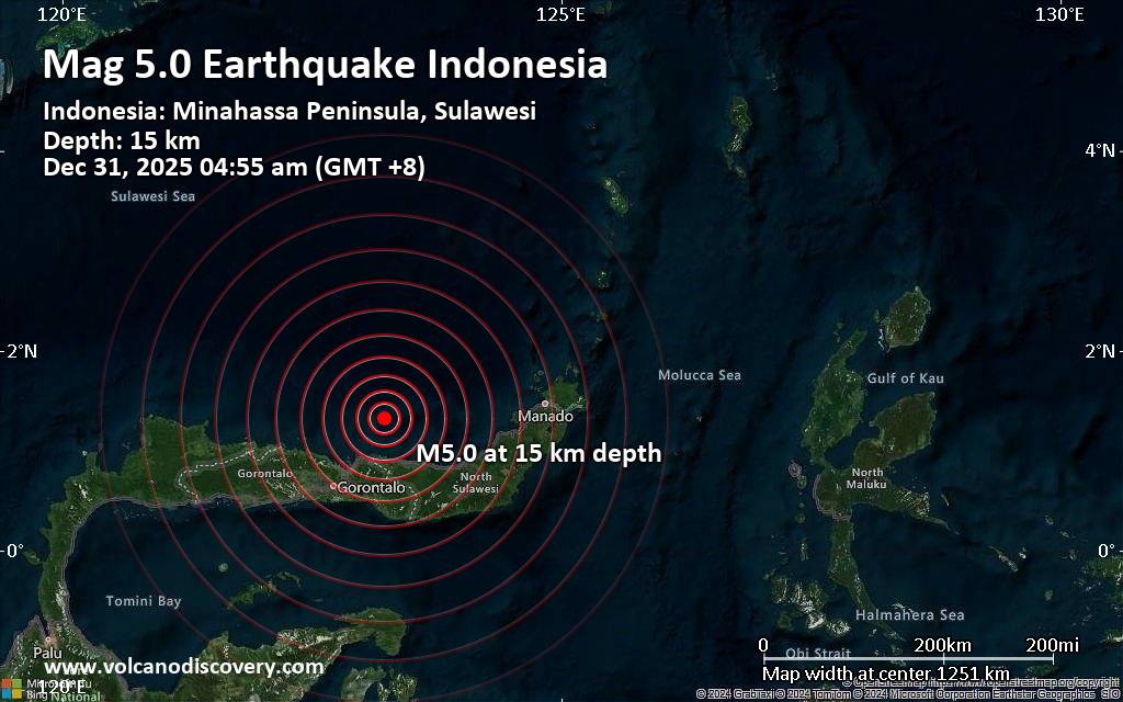 Magnitude 5.0 Earthquake Strikes Near Gorontalo, Kota Gorontalo, Indonesia