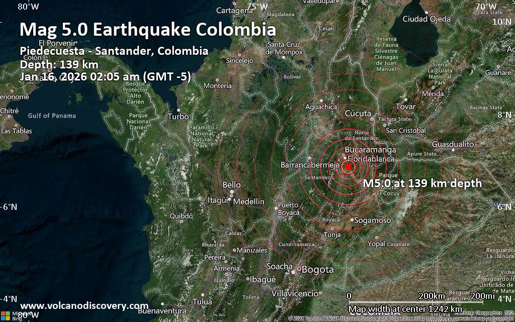 Magnitude 5.0 Earthquake Strikes Near Piedecuesta, Departamento de ...