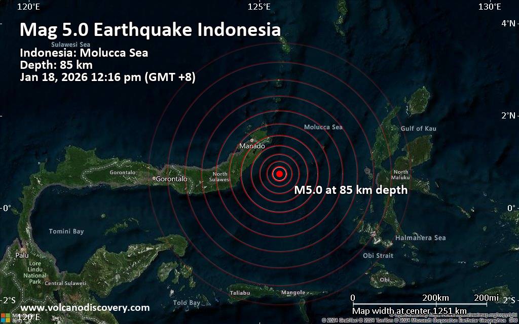 Magnitude 5.0 Earthquake Strikes Near Bitung, Sulawesi Utara, Indonesia
